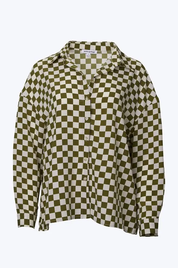 Buy Pretty Garbage Oversized Checkeredprint Woven Shirt In Olive ...