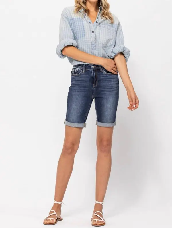 Judy Blue SUTTON Mid Rise Contrast Wash Grey Bermuda Denim Shorts