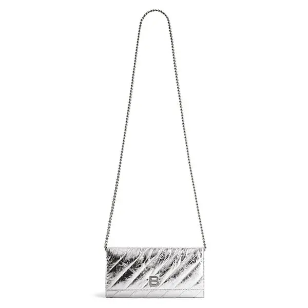 Balenciaga Crush Wallet On Chain Metallized Quilted - Silver