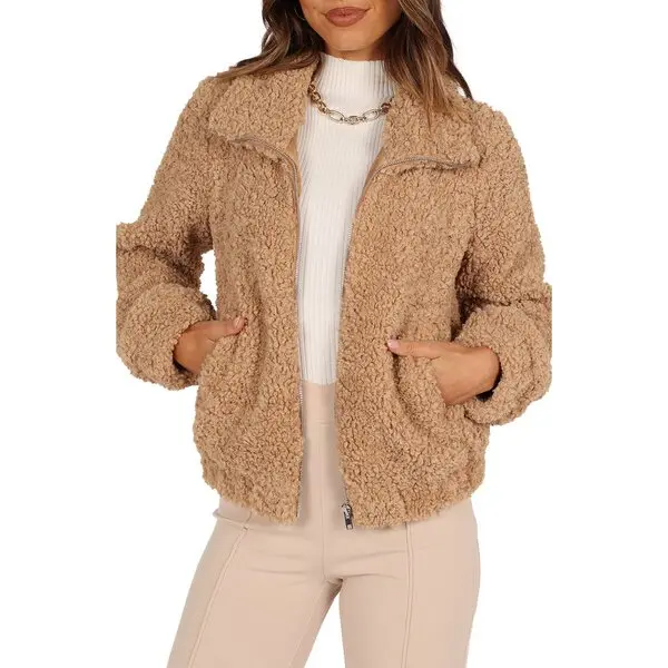 PETAL & PUP Lucia Faux Fur Zip-up Jacket - Camel
