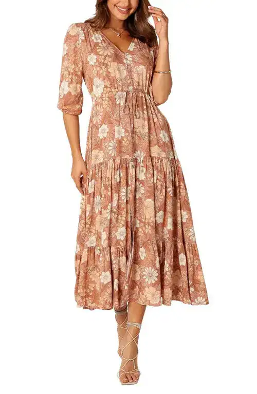 Petal & Pup Kelda Floral Midi Dress - Tan Floral | Editorialist