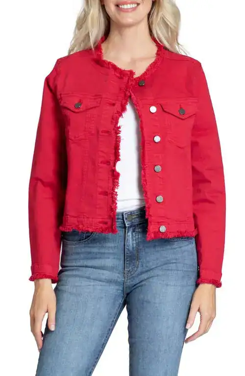Apny Frayed Collarless Denim Jacket - Red | Editorialist