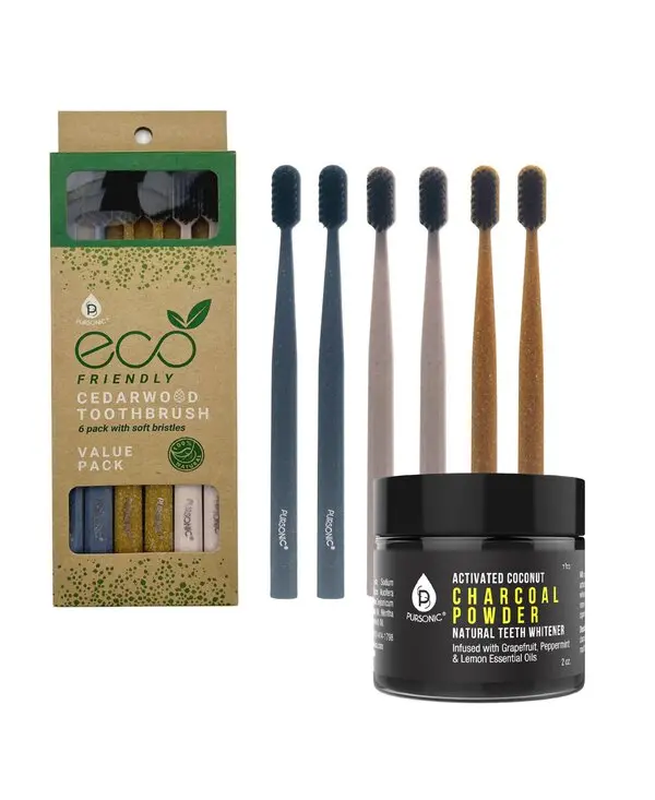 PURSONIC Natural Radiance Combo: Activated Coconut Charcoal Powder Natural Teeth Whitener + 100% Eco-friendly Cedarwood Toothbrushes