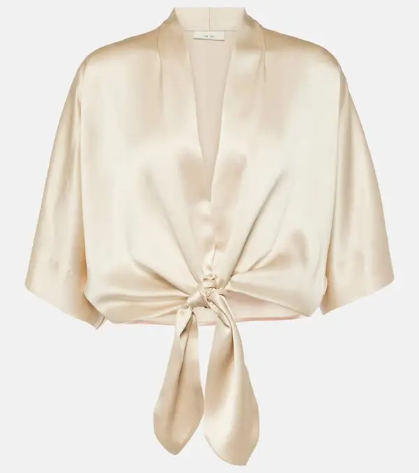 THE SEI Tie-front Silk Charmeuse Top - Beige