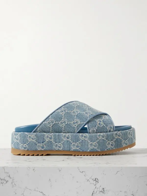 Gucci Angelina Denim-jacquard Platform Slides - Blue | Editorialist