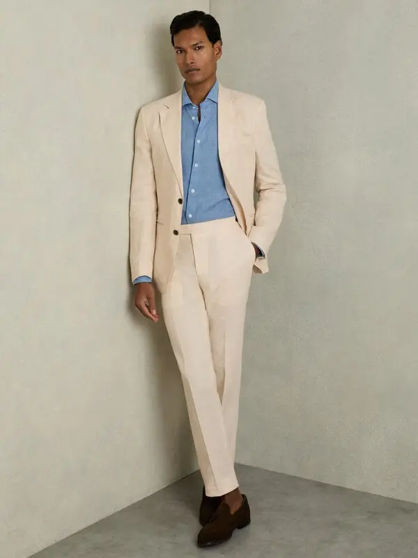 REISS Kin Slim Fit Linen Trousers - Stone