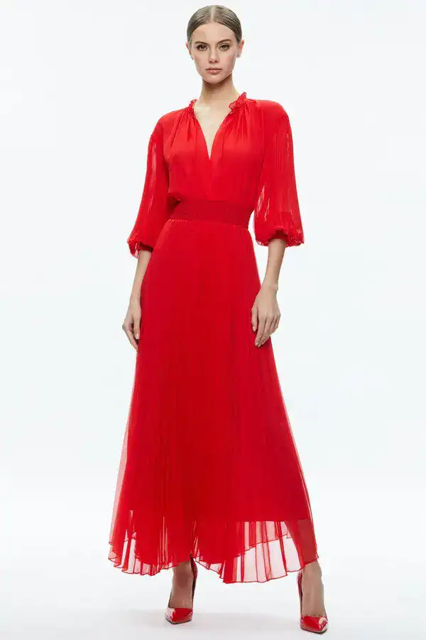 vernia blouson sleeve pleated maxi dress Acler Wonastow Pleated Maxi Dress With Belt