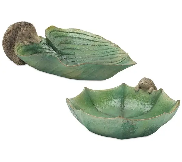 MELROSE Leaf Bird Bath With Hedgehog Accent