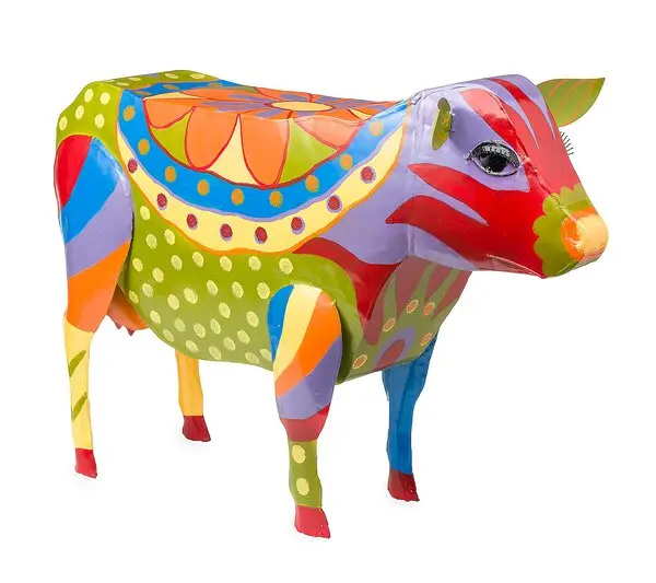 PLOW & HEARTH Handmade Colorful Painted Cow Met Al Side Table