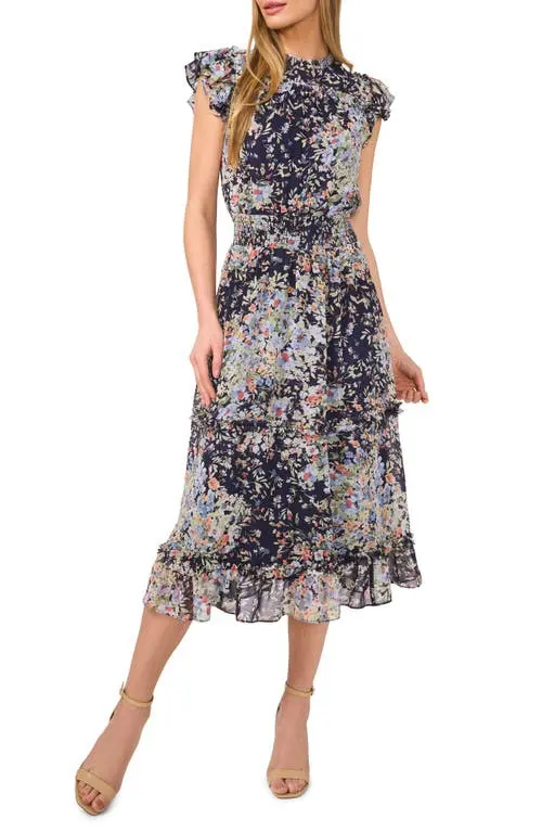CECE DUPRAZ Floral Ruffle Midi Dress - Classic Navy