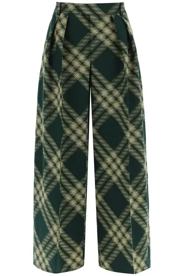 Wool Burberry Palazzo Burberry Check Palazzo Pants In Green,Yellow