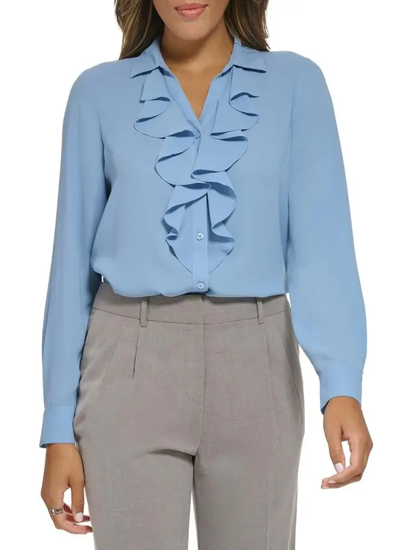 Buy Calvin Klein Ruffled Button Down Blouse - Blue At 30% Off ...