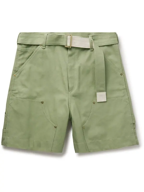 Sacai Carhartt Wip Wide-Leg Belted Cotton-Canvas Shorts In Green