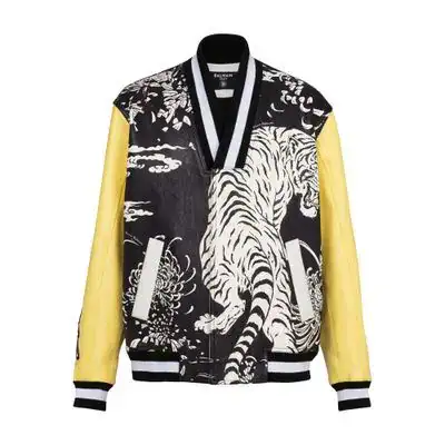 Balmain Tiger Print Leather Varsity Jacket - Multicolor | Editorialist