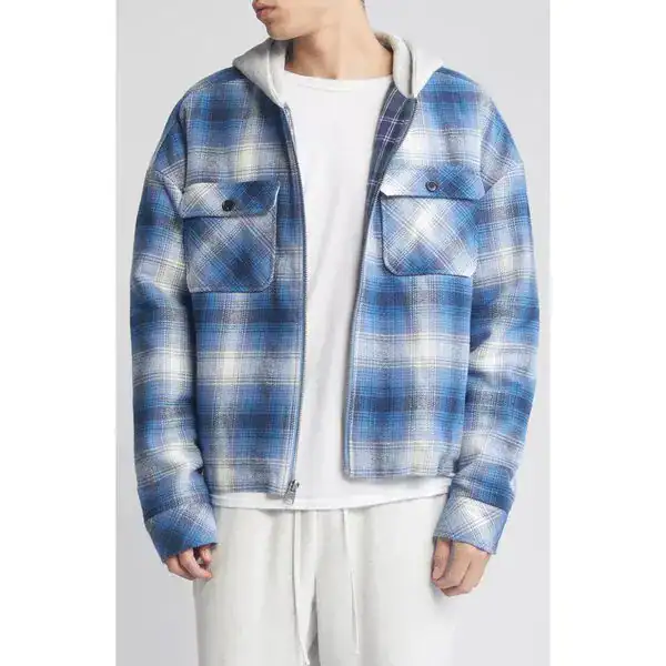 ELWOOD Oversize Plaid Flannel Hooded Zip Jacket - Blue Shadow Plaid ...