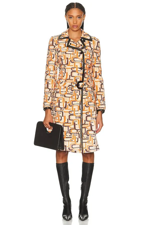 Prada Printed Coat With Leather Trim