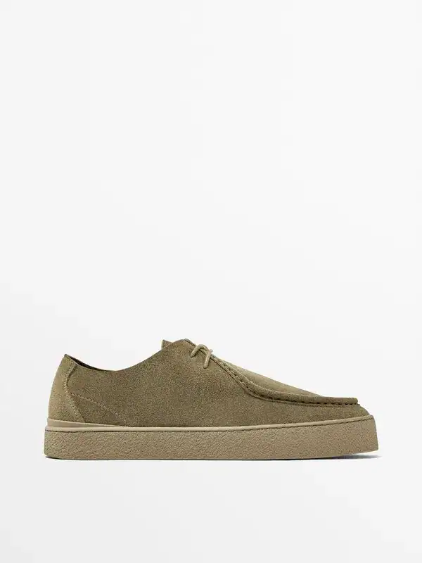 Massimo Dutti Moc Toe Split Suede Shoes - Khaki | Editorialist