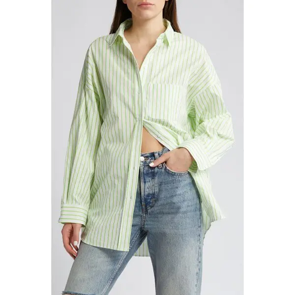 Topshop Oversize Striped Cotton Shirt - Medium Green
