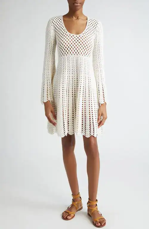 Michael Kors Long Sleeve Cashmere Cotton Crochet Dress Optic