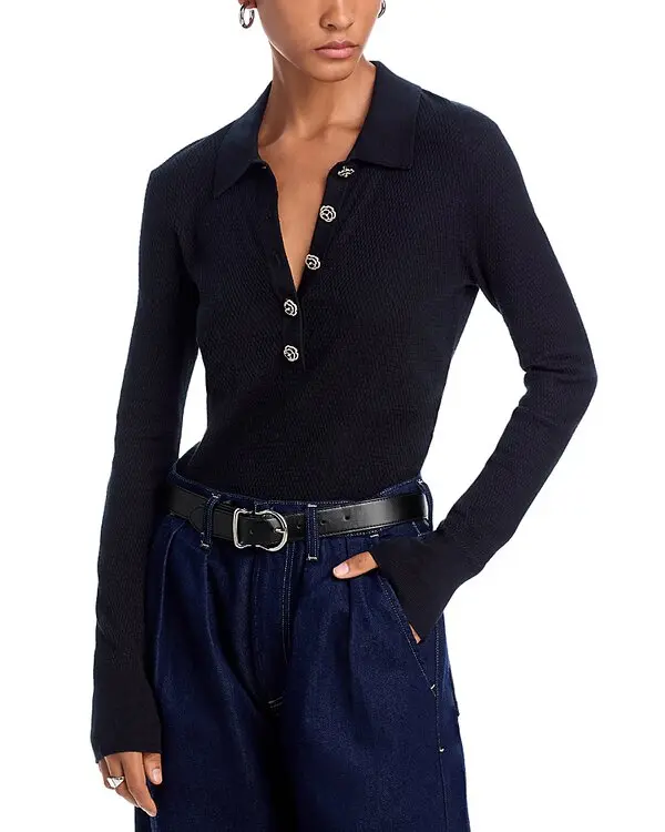 L'Agence Sterling Jewel Button Collared Top - Black Jewel