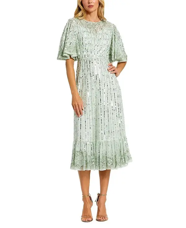 Mac Duggal Sequined Flounce Sleeve Midi Dress - Sage