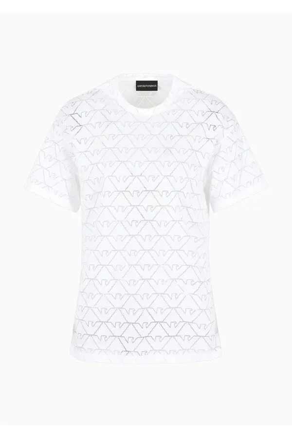 Emporio Armani Devoré Jersey Tshirt With Allover Eagles White