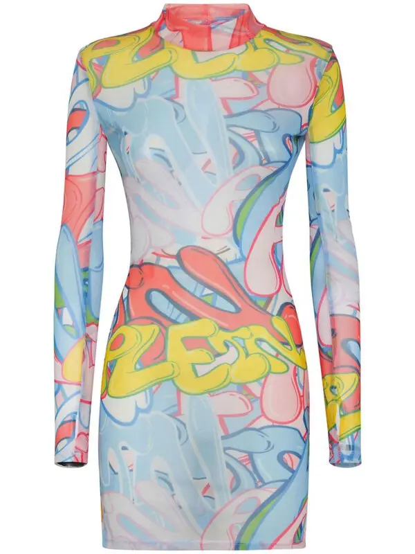 Philipp Plein Bombing Graffiti-print Mini Dress - Blue