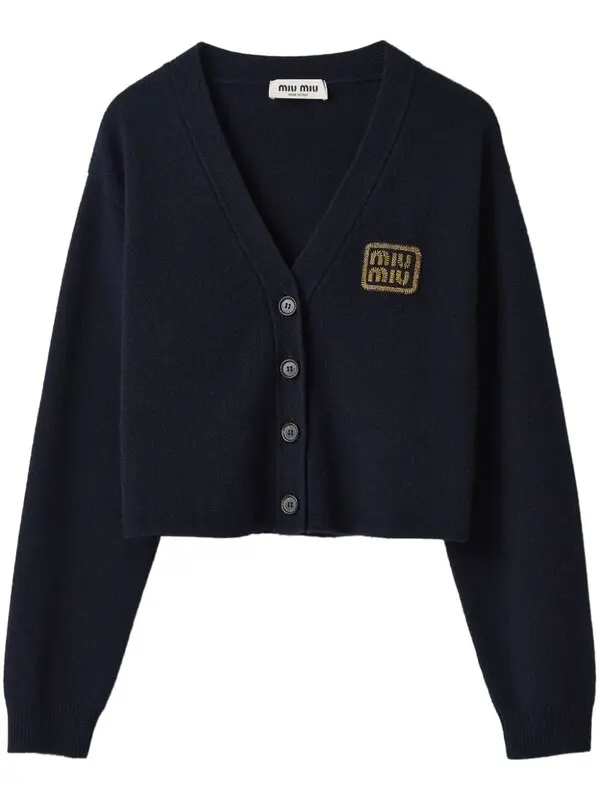 Miu Miu Logo-Embroidered Cashmere Cardigan - Blue | Editorialist
