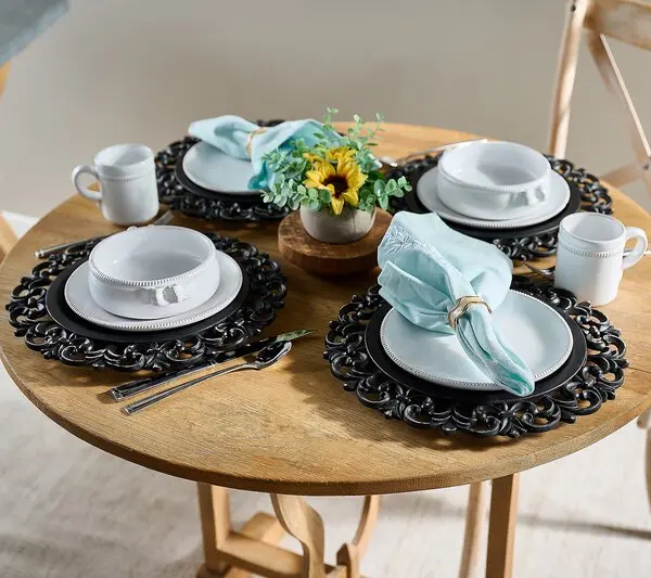 VALERIE PARR HILL As Is Set Of 4 13' Wooden Chargers W/ Scroll Design -valerie