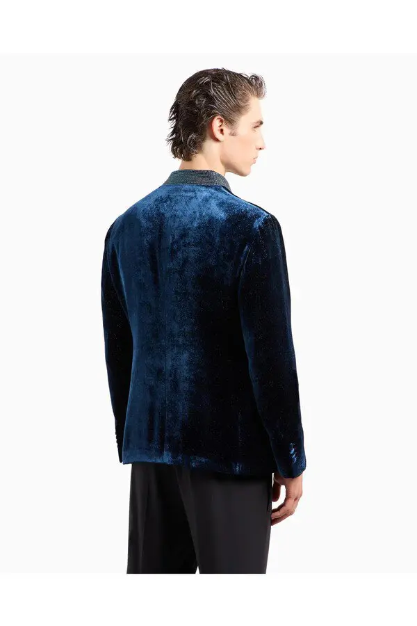Giorgio Armani Upton Line Single-breasted Jacket In Rhinestoned Velvet - Navy