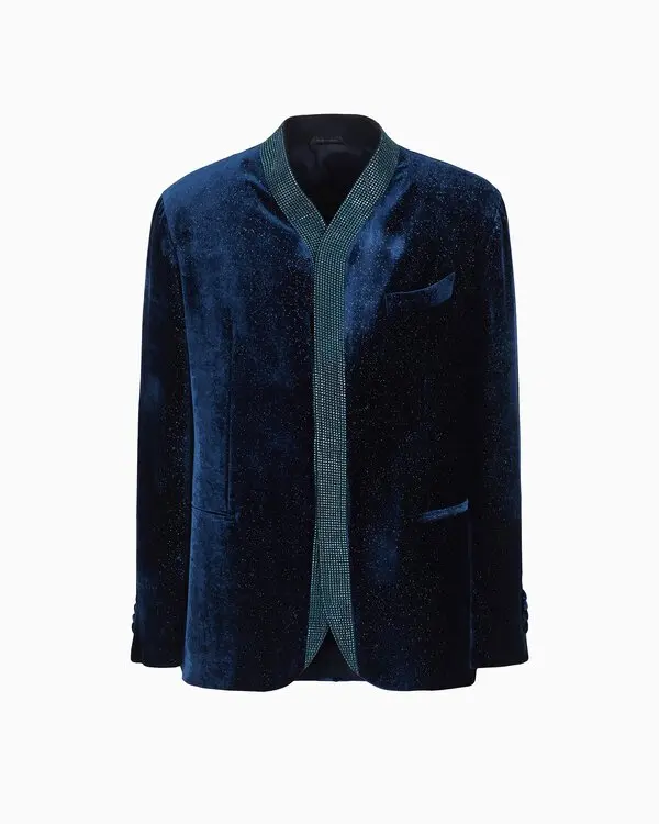 Giorgio Armani Upton Line Single-breasted Jacket In Rhinestoned Velvet - Navy_blue