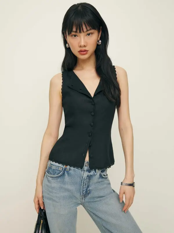 REFORMATION Amela Linen Top - Black