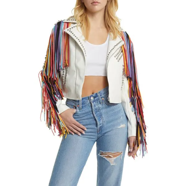 AZALEA WANG Rainbow Fringe Studded Moto Jacket