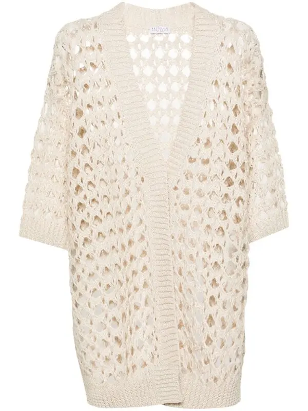 Brunello Cucinelli Open-knit Half-sleeve Cardigan-coat - Neutrals