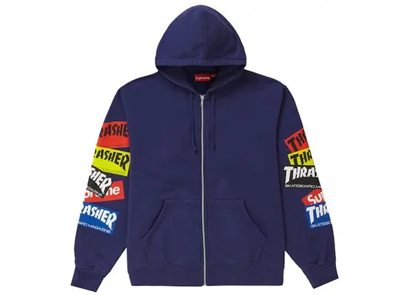 Supreme Thrasher Logo Zip Up Hoodie - Washed Navy Blue