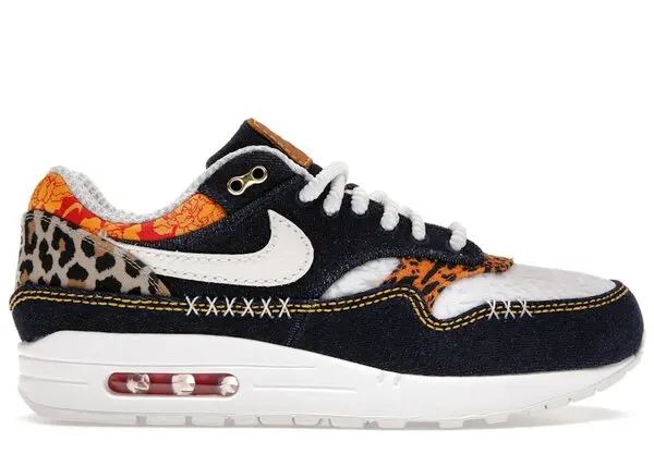 Nike Air Max 1 Premium Denim Leopard Sneakers - Medium Blue/white/university Gold