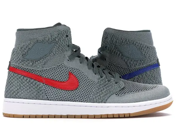 JORDAN 1 Retro High Flyknit Sneakers - Clay Green/white/hyper Cobalt Blue