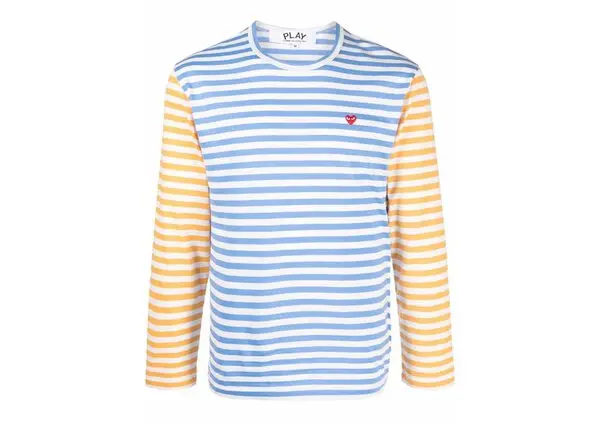 Play Comme Des Garcon Embroidered Logo Striped Longsleeve Tee Shirt - Blue/yellow