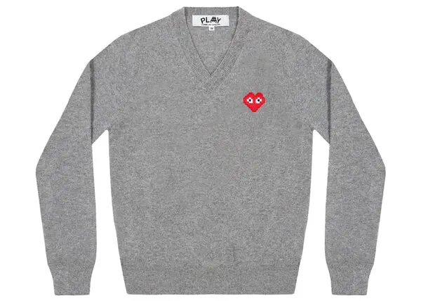 Play Comme Des Garcon X Invader V-neck Sweater - Top Grey