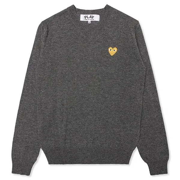 Play Comme Des Garcon Gold Heart V-neck Sweater - Grey