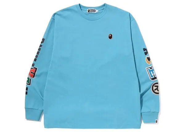 BAPE Fonts Relaxed Fit Heavyweight Long Sleeve Tee Shirt - Sax
