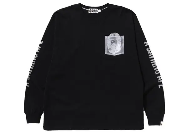 BAPE Reflective Solid Camo Ape Head Relaxed Fit Pocket Long Sleeve Tee Shirt - Black