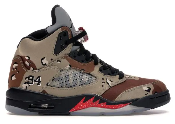 JORDAN 5 Retro Supreme Sneakers - Desert Camo/fire Red/black