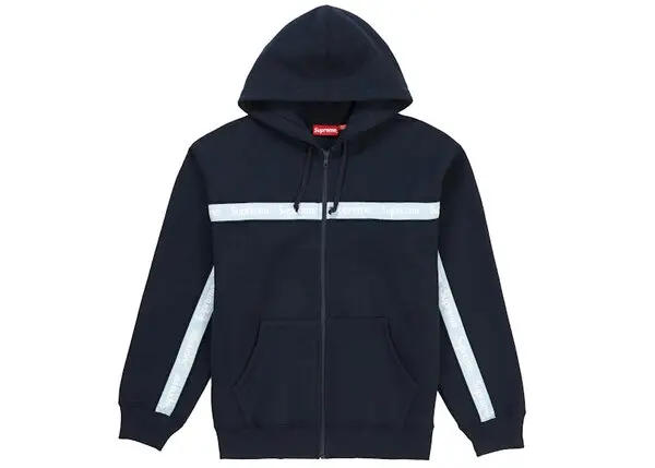 Supreme Text Stripe Zip Up Hooded Sweatshirt - Navy Blue