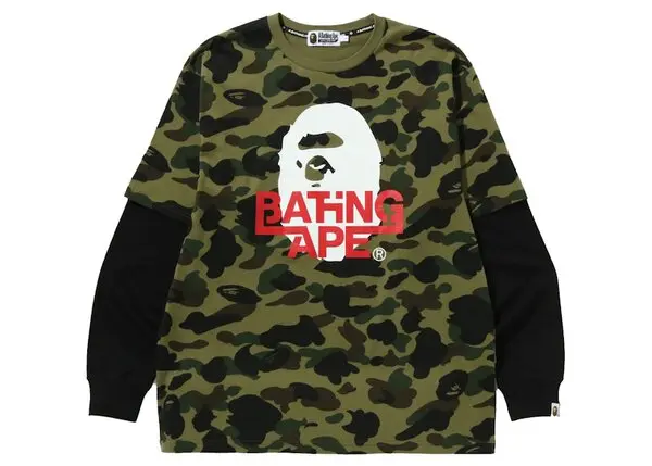 BAPE 1st Camo Relaxed Fit Layered Long Sleeve Tee Shirt - Green