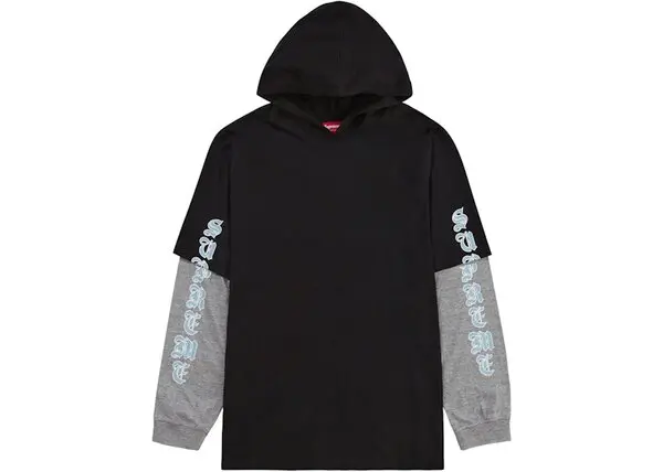 Supreme Layered Hooded Long Sleeve Top - Black
