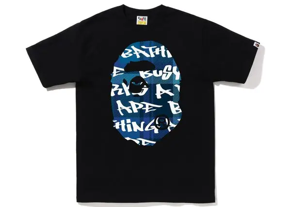 BAPE Graffiti Check Big Ape Head Tee Shirt - Black Blue