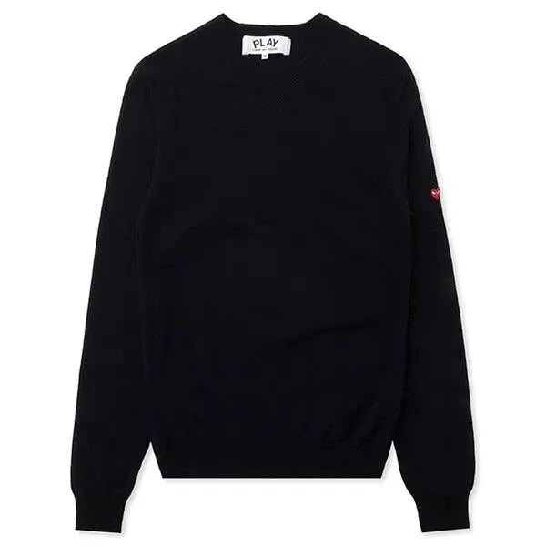 Play Comme Des Garcon Small Heart On Sleeve V-neck Sweater - Navy Blue