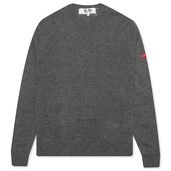 Play Comme Des Garcon Small Heart On Sleeve V-neck Sweater - Grey