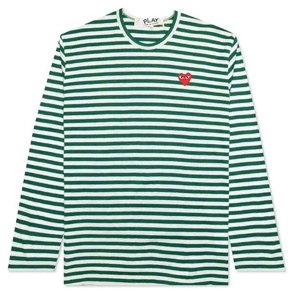 Play Comme Des Garcon Big Red Heart Striped Long Sleeve T-shirt - Green/white